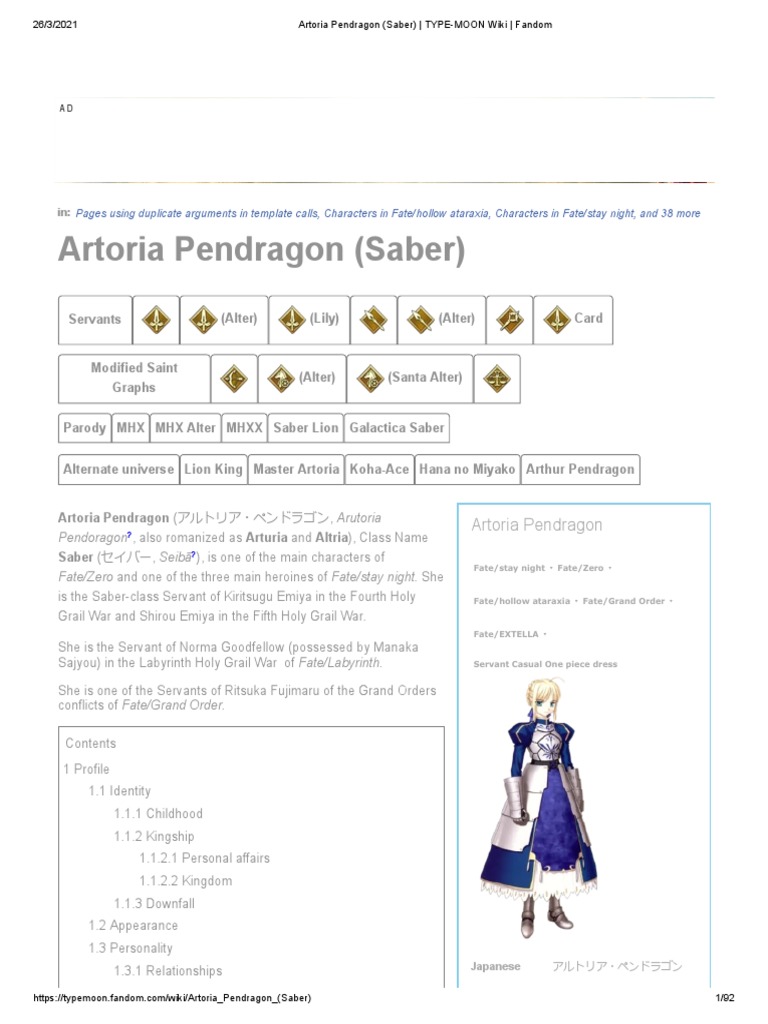 Artoria Pendragon (Saber) - TYPE-MOON Wiki - Fandom | PDF