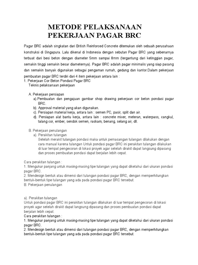 Metode Pelaksanaan Pekerjaan Pagar BRC | PDF