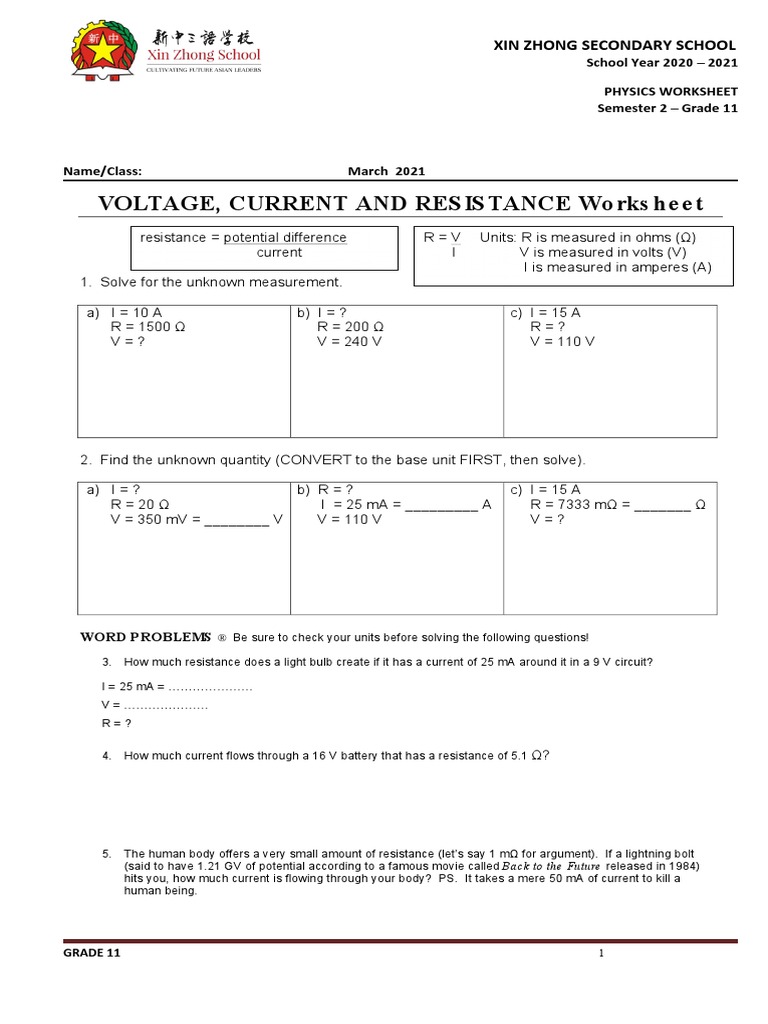 Voltage, Current and Res Is Tance Wo Rks He E T: School Year 2020 ...