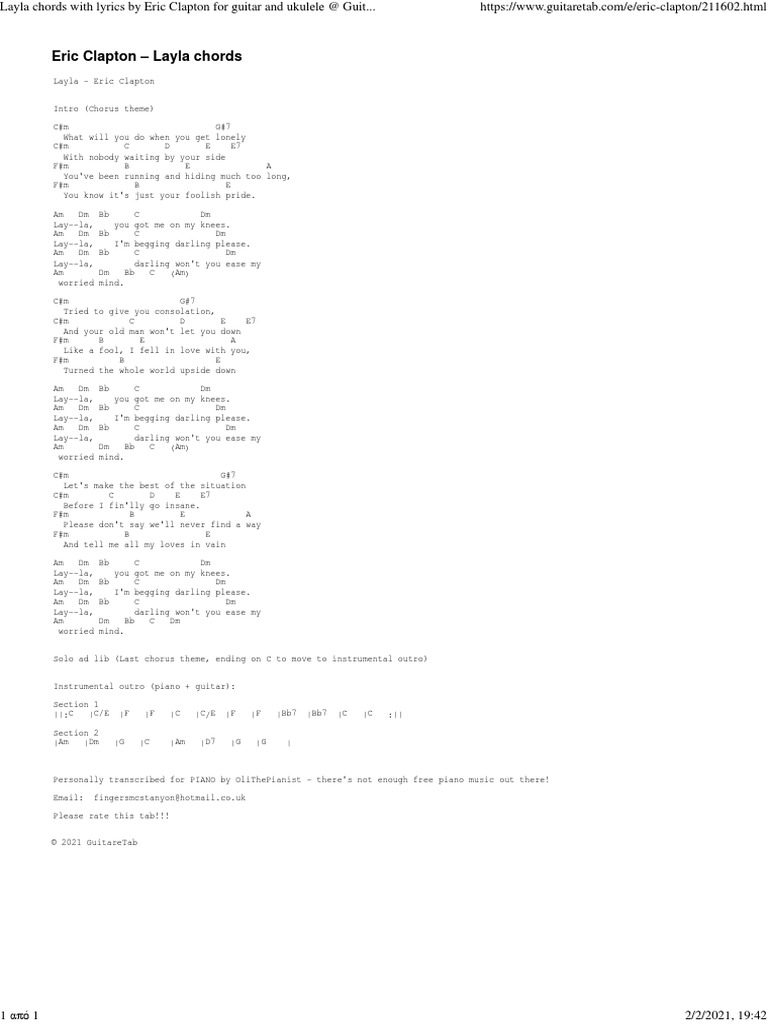 Layla Chords With Lyrics by Eric Clapton For Guitar and Ukulele at ...