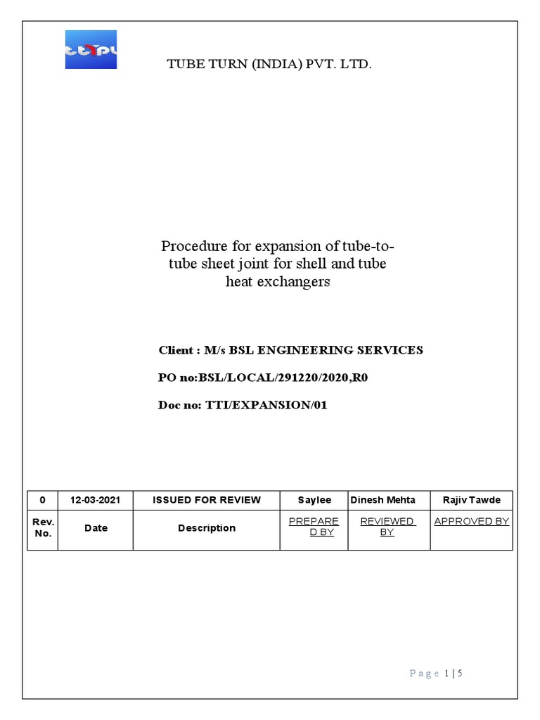Procedure For Expansion of Tube-To-Tube Sheet Joint For Shell and Tube ...