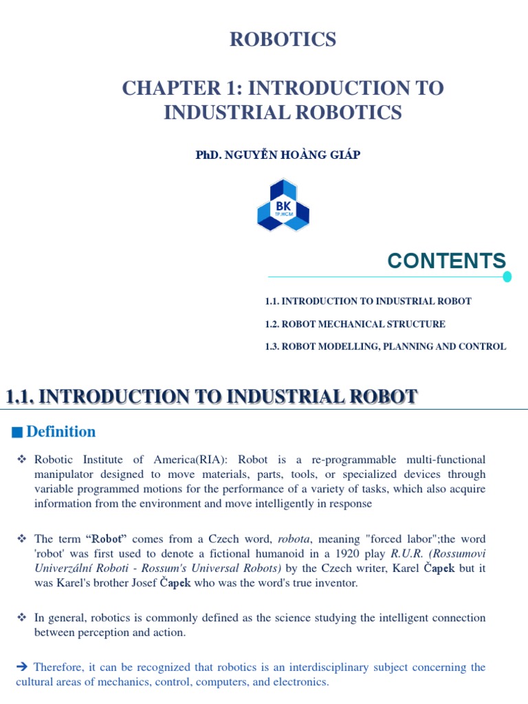 Robotics Chapter 1: Introduction To Industrial Robotics: Phd. Nguyễn Hoàng Giáp | PDF | Robot ...