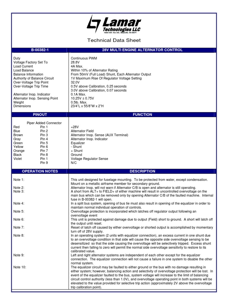Technical Data Sheet: B-00382-1 28V Multi Engine Alternator Control ...