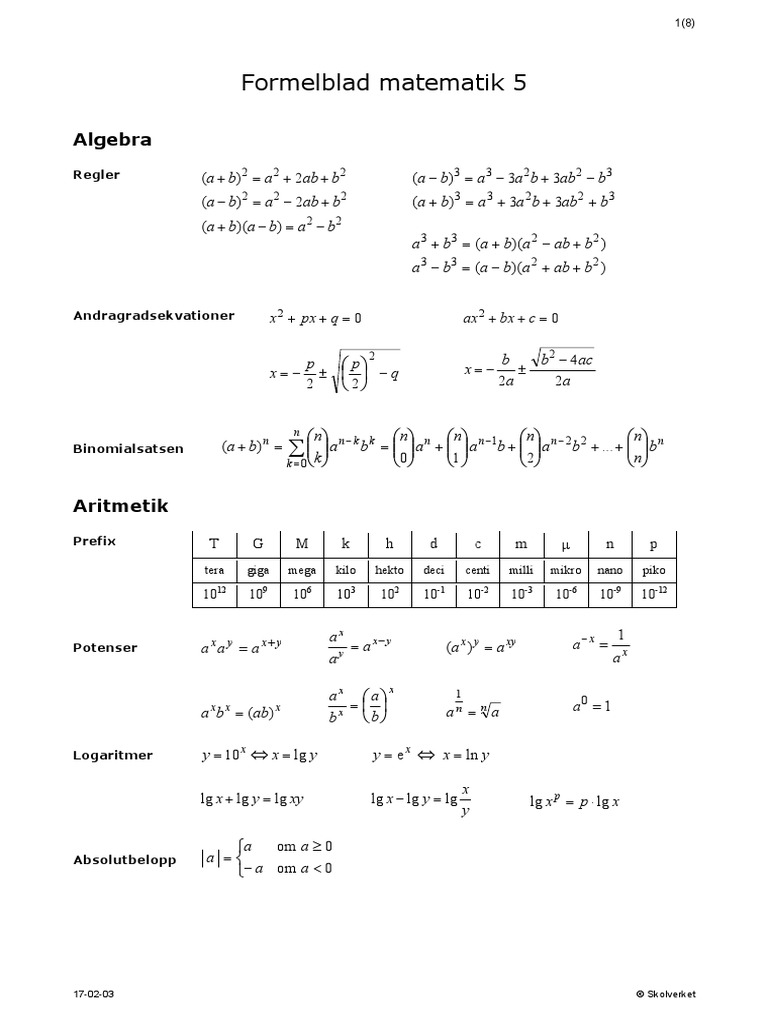 Formelblad Matematik 5 | PDF