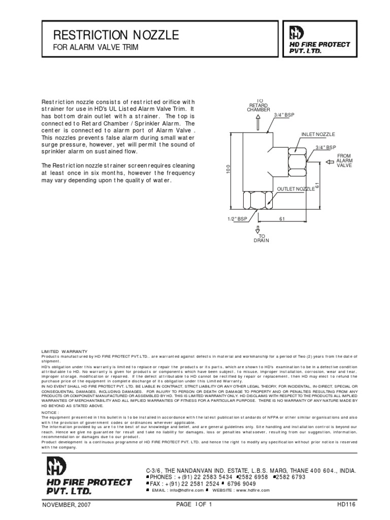 Hd116 - Restriction Nozzle | PDF | Fire Sprinkler System | Valve