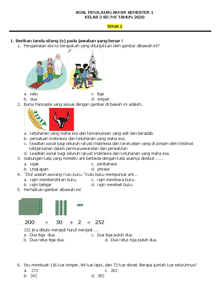 Soal PAS Kelas 2 Sem 1 Tema 1 - Reupload Kamimadrasah | PDF | Seni & Disiplin Bahasa