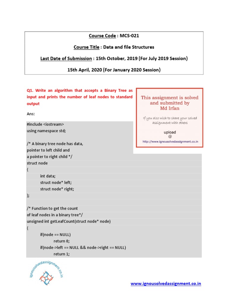 Algorithm for Counting Leaf Nodes in a Binary Tree and Implementation of an AVL Tree | PDF ...