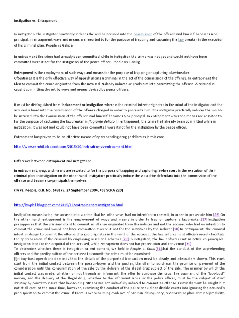 Instigation Vs Entrapment | Download Free PDF | Entrapment | Criminology