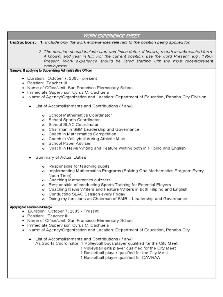 CS Form No. 212 Attachment Work Experience Sheet | PDF | Human Nature ...