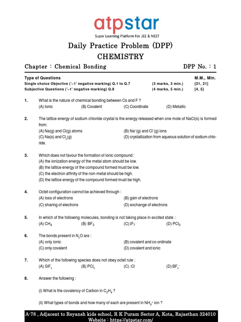 Daily Practice Problem Dpp Chemistry Chapter Chemical Bonding Dpp