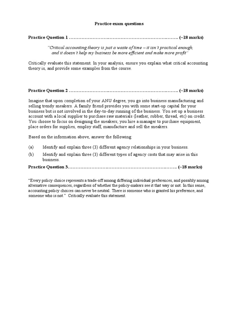 Exam Practice Questions s2 2020 | PDF | Question | Theory
