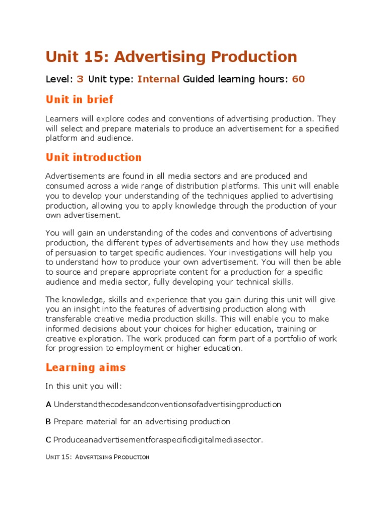 Unit 15 - Advert Production-2016 Spec 1 | PDF | Advertising | Target ...
