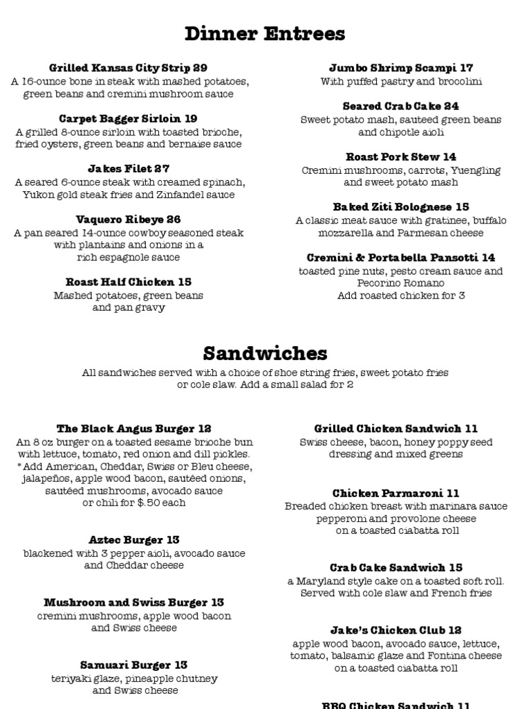 Jakes Menu | PDF | Hamburgers | Coleslaw