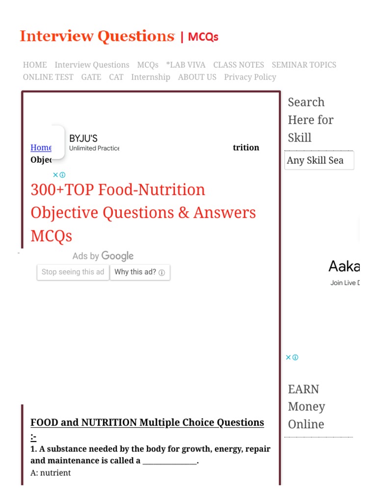 300+TOP Food-Nutrition Objective Questions & Answers MCQs | PDF