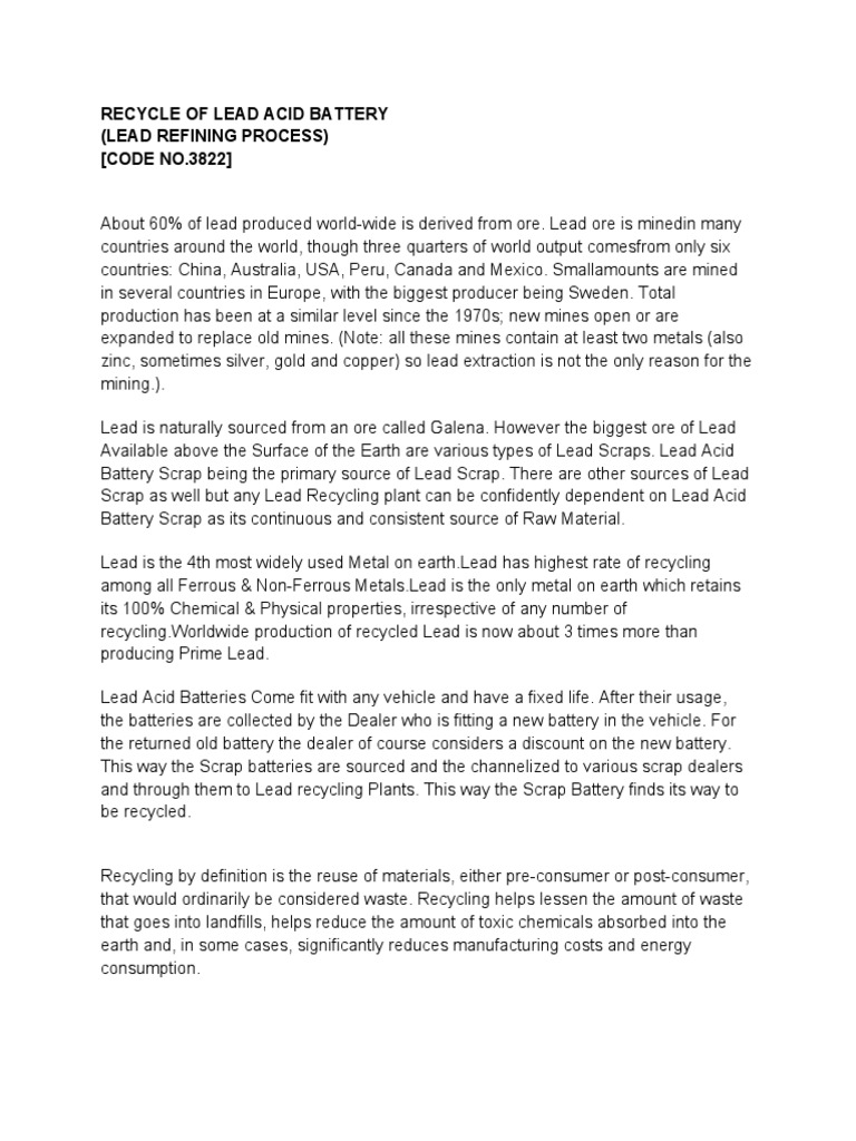 Recycle of Lead Acid Battery (Lead Refining Process) (CODE NO.3822 ...