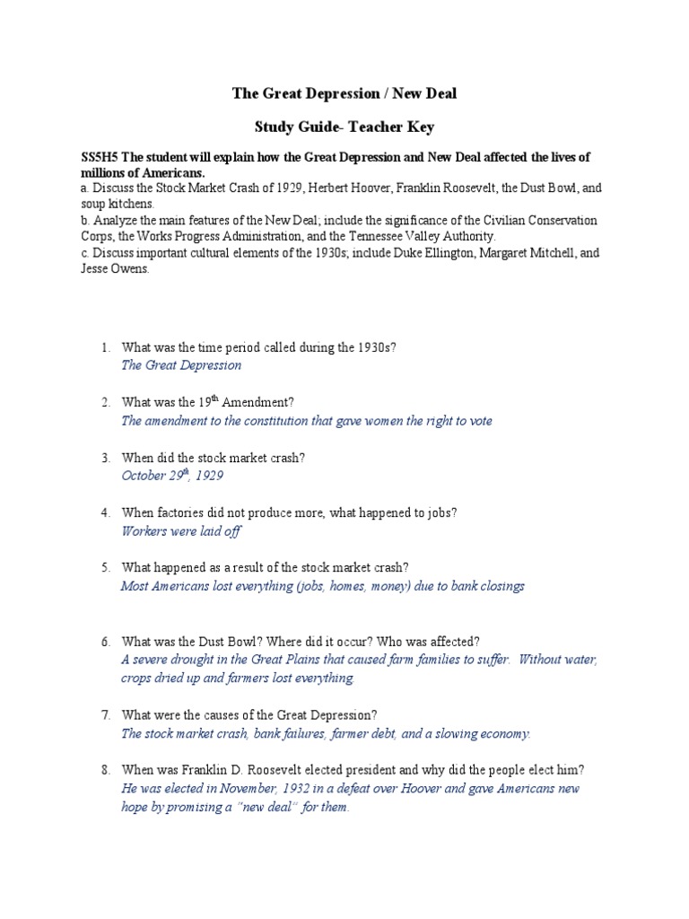 The Great Depression Study Guide Teacher Key | PDF | Great Depression | New Deal