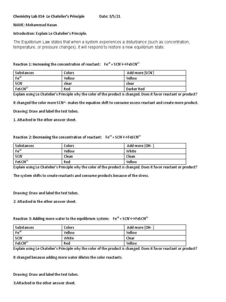 Le Chatelier's Principle Lab Report | PDF | Chemical Equilibrium ...