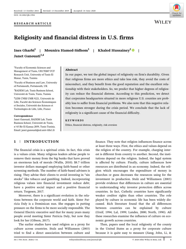 Religiosity and Financial Distress in U.S. Firms: Ines Gharbi - Mounira ...