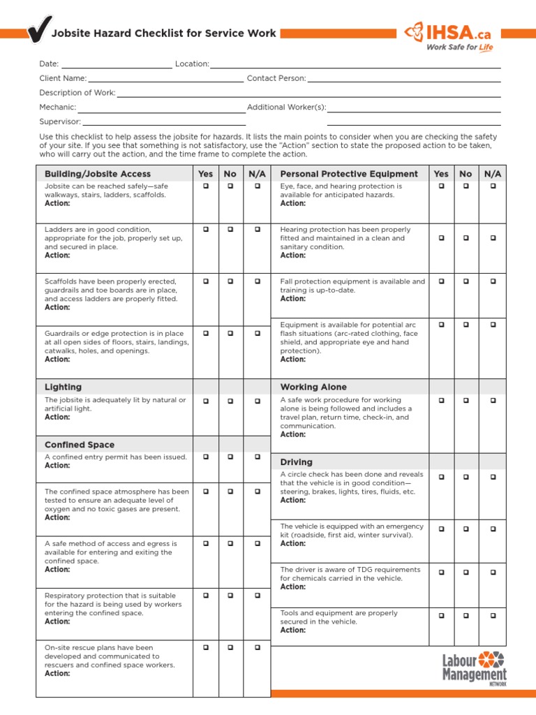 Jobsite Hazard Checklist For Service Work | PDF | Personal Protective ...