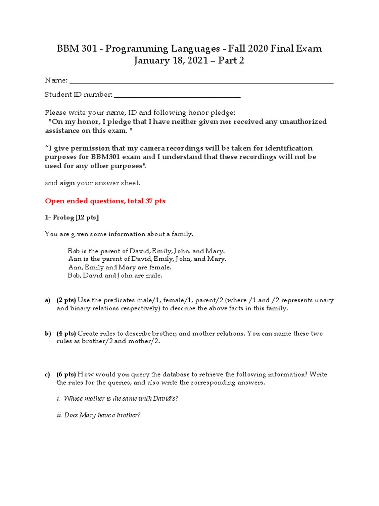 BBM 301 - Programming Languages - Fall 2020 Final Exam January 18, 2021 - Part 2 | PDF ...