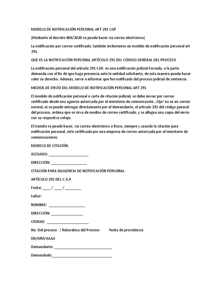 Modelo de Notificación Personal Art 291 CGP | PDF