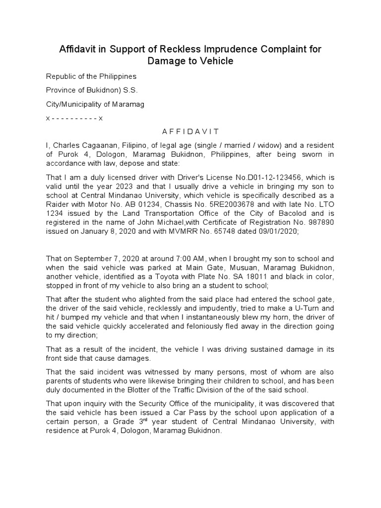 Affidavit in Support of Reckless Imprudence Complaint | PDF | Affidavit ...