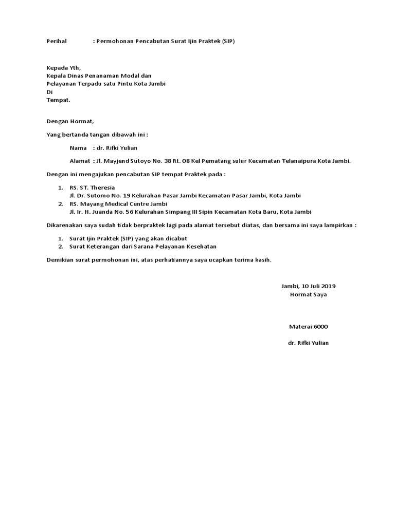 Surat Permohonan Pencabutan SIP-1 | PDF