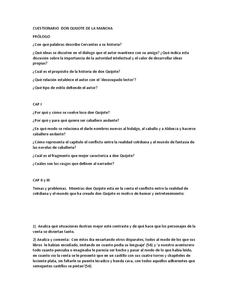 Cuestionario Don Quijote de La Mancha | PDF | Don Quijote | Caballero