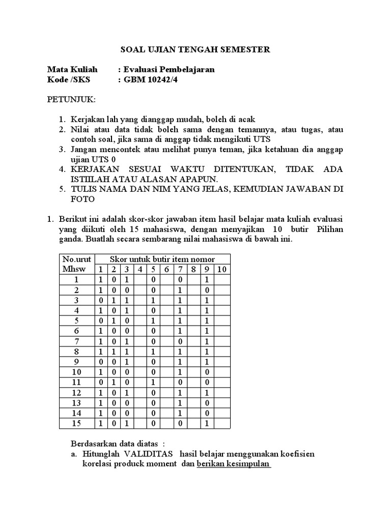 Soal Ujian Tengah Semester Mata Kuliah: Evaluasi Pembelajaran Kode /SKS: GBM 10242/4 | PDF