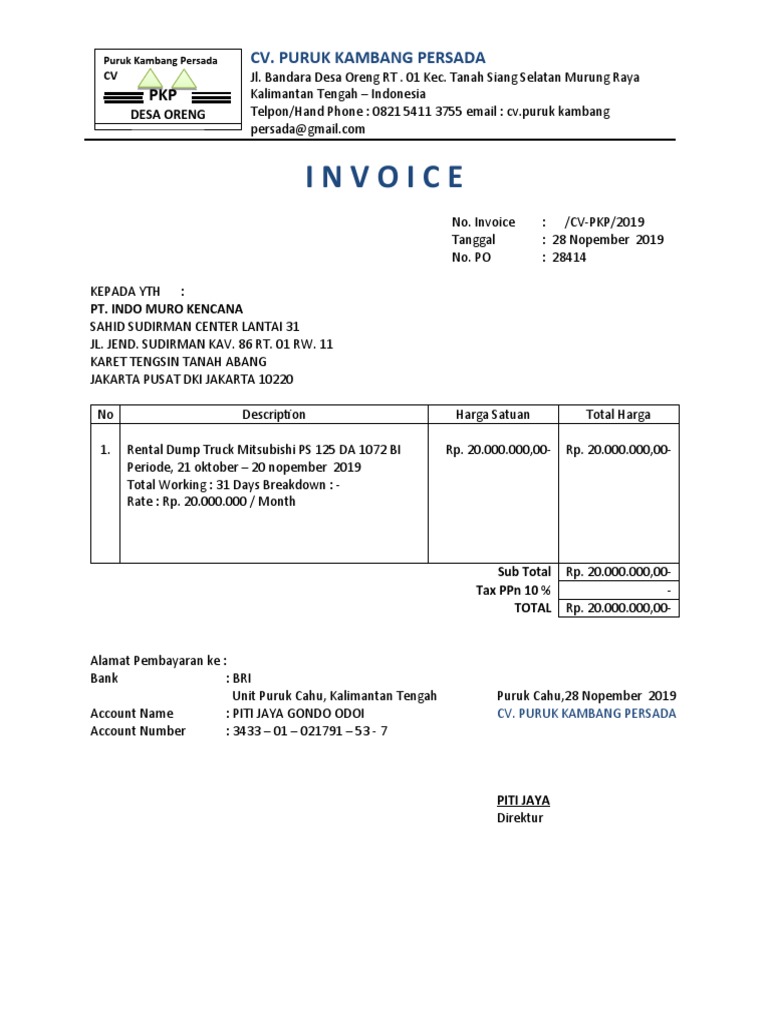 Invoice: Cv. Puruk Kambang Persada | PDF | Indonesian Rupiah | Business