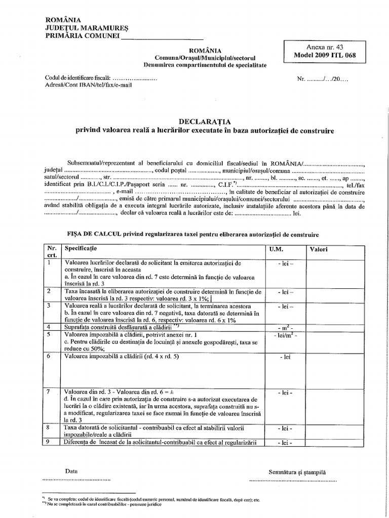 Model Declaratie Privind Valoarea Reala A Lucrarilor Executate | PDF