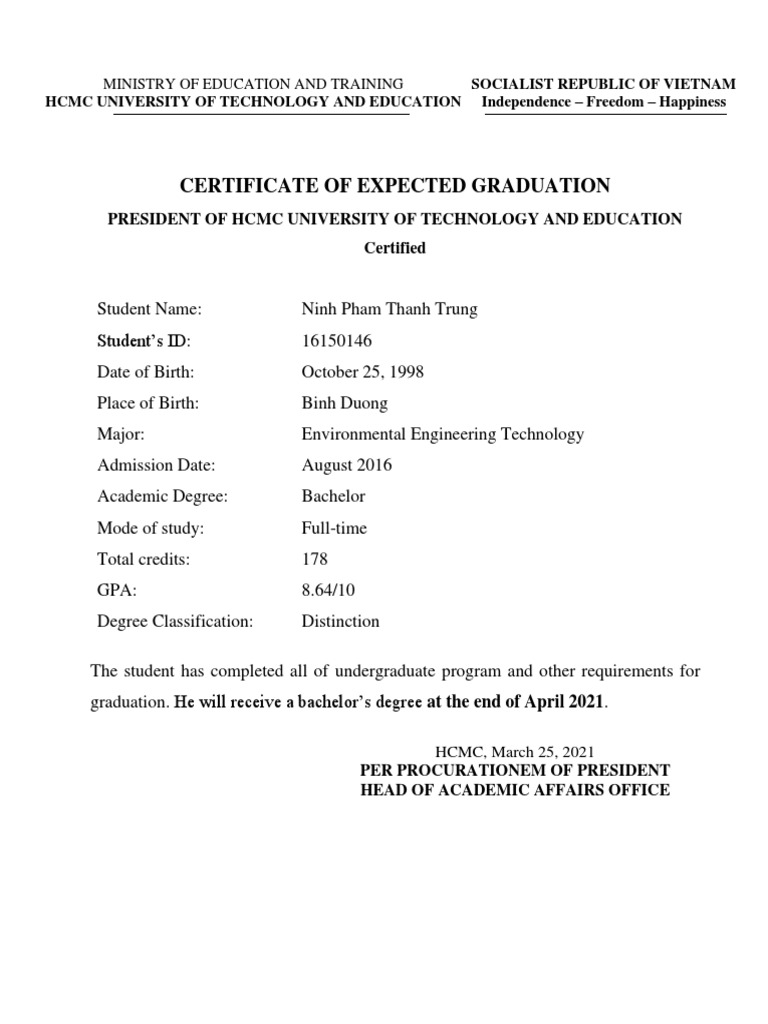 Certificate of Expected Graduation | PDF
