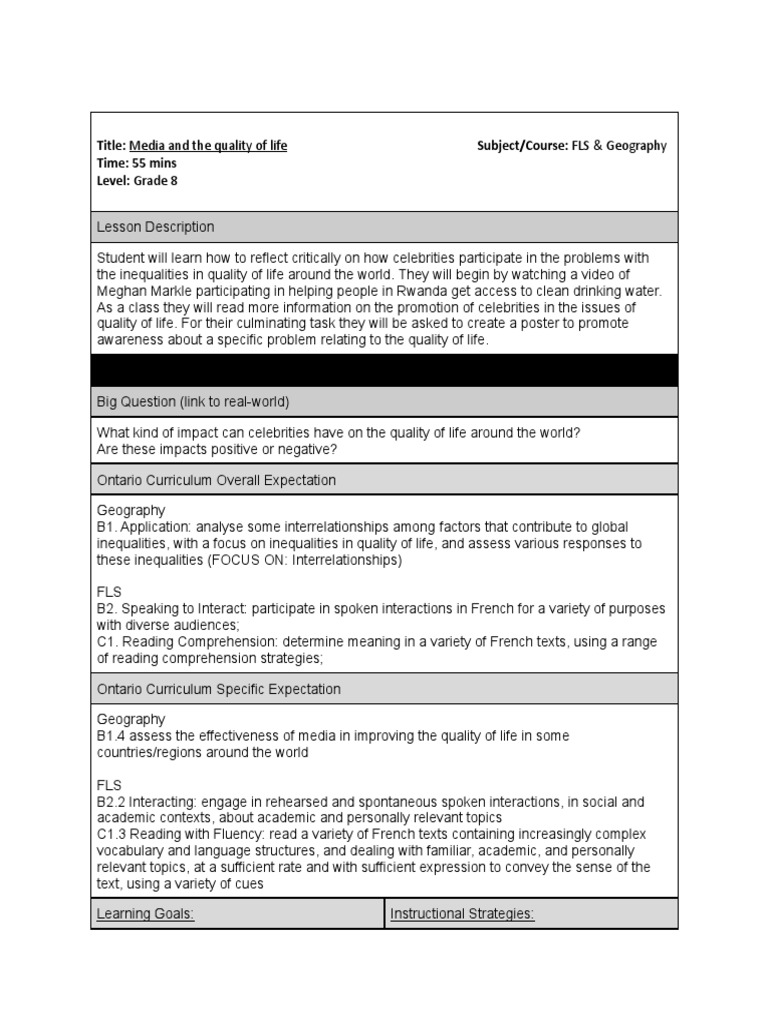 Media and The Quality of Life | PDF | Reading Comprehension | Teaching