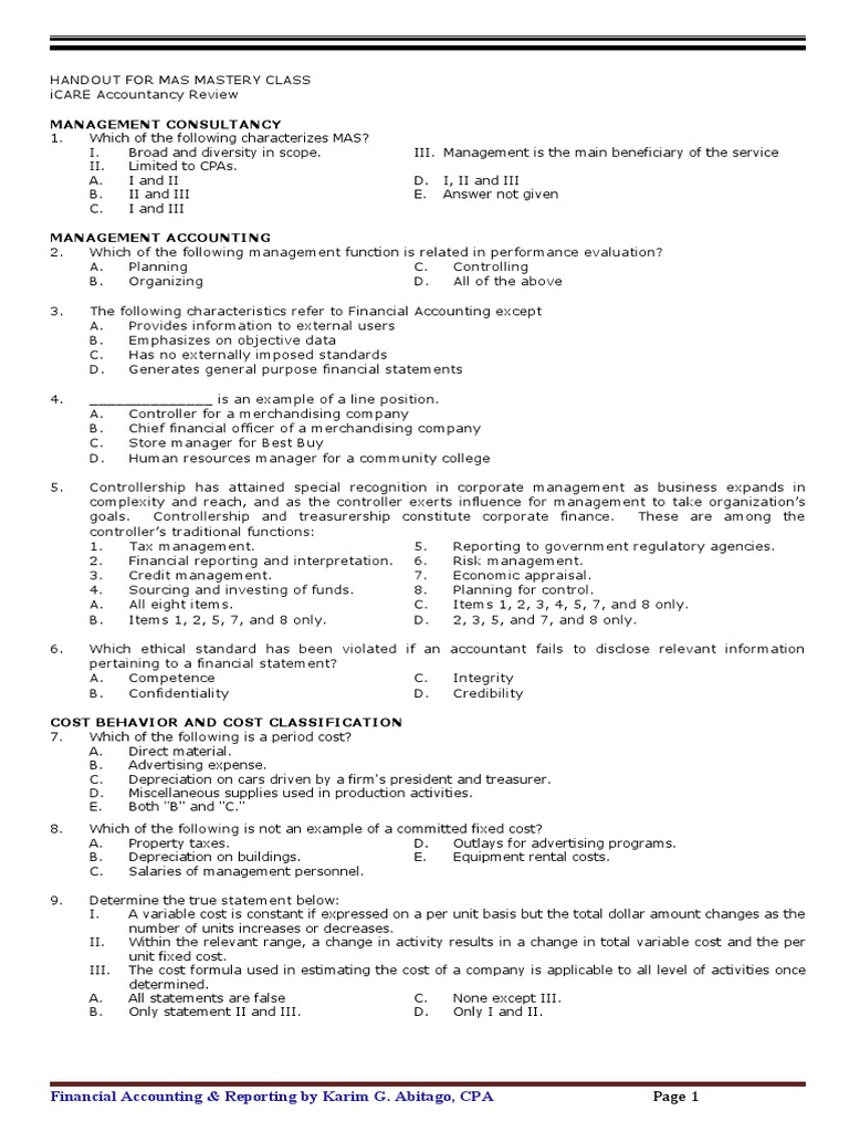 Handout For Mas Mastery Class 1 | PDF | Inventory | Cost