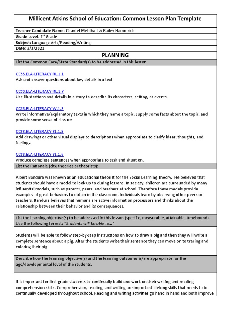 Pig Lesson Plan For Field Experience | PDF | Reading Comprehension ...