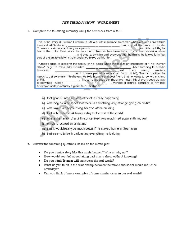 The Truman Show - Worksheet | PDF | Games & Activities