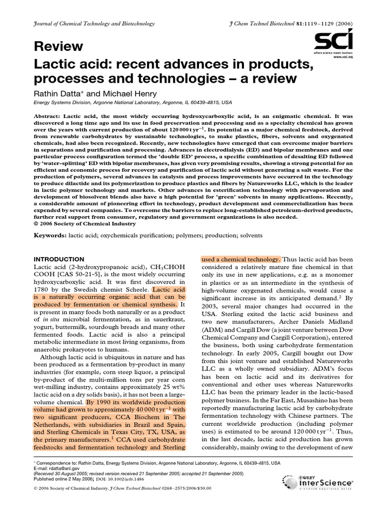 Advances in Lactic Acid Production Technologies: A Comprehensive Review ...