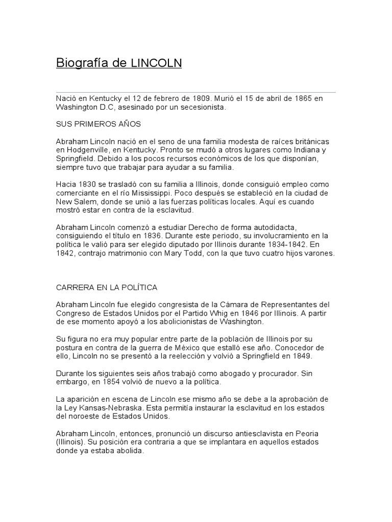 Biografía de LINCOLN | PDF | Abraham Lincoln | Elecciones