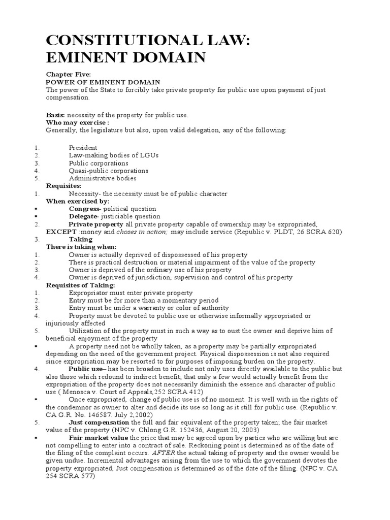 CONSTITUTIONAL LAW Eminent Domain | PDF | Just Compensation | Eminent ...