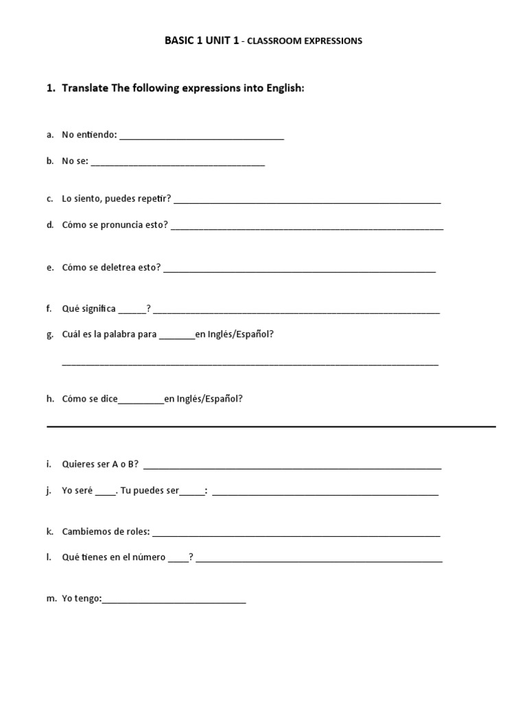 Basic 1 Unit 1: - Classroom Expressions | PDF | Morphology | Languages