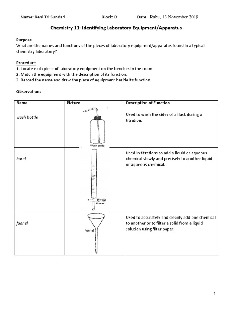 Chemistry 11: Identifying Laboratory Equipment/Apparatus: Purpose | PDF ...