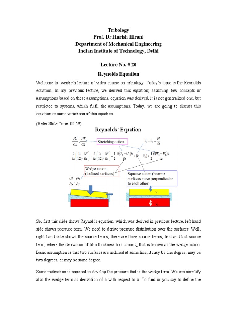 Tribology Prof. Dr. Harish Hirani Lecture on Reynolds Equation | PDF ...