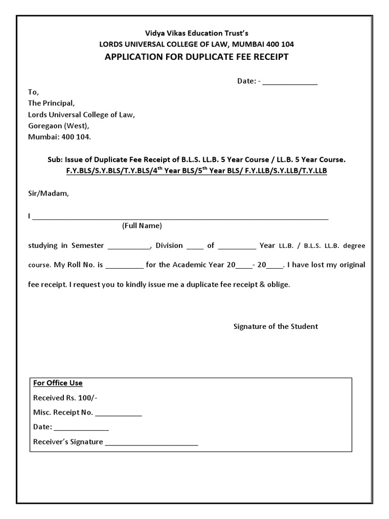 Application For Duplicate Fee Receipt: LL.B. / B.L.S. LL.B. Degree ...