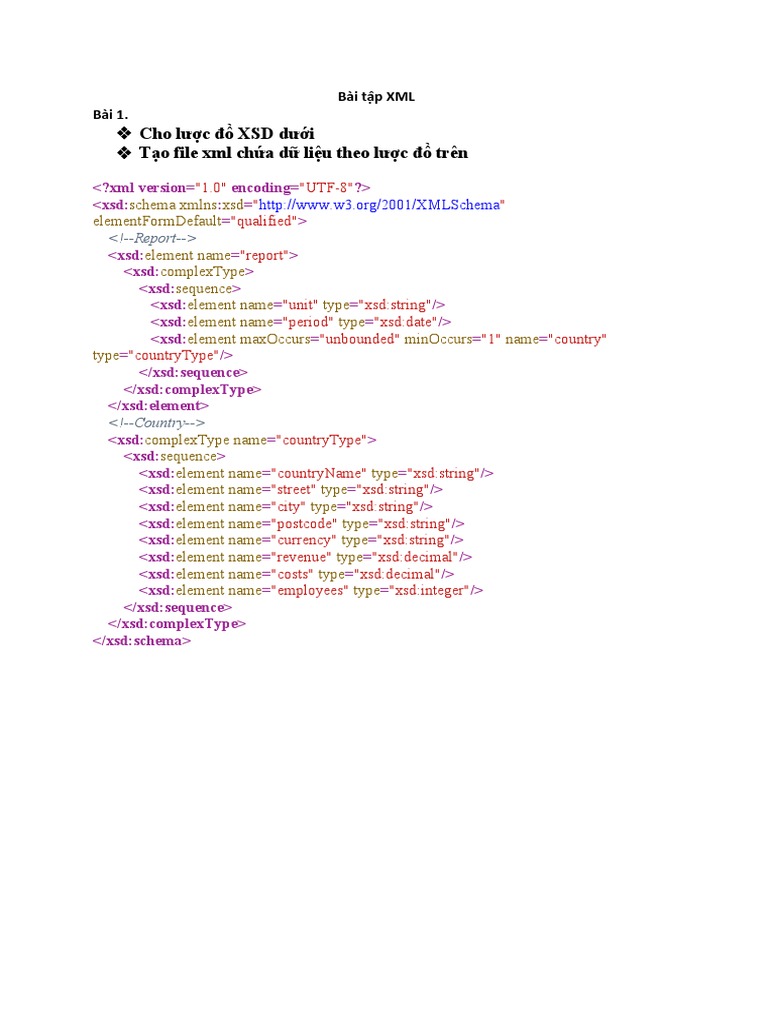 Cho lược đồ XSD dưới Tạo file xml chứa dữ liệu theo lược đồ trên | PDF ...