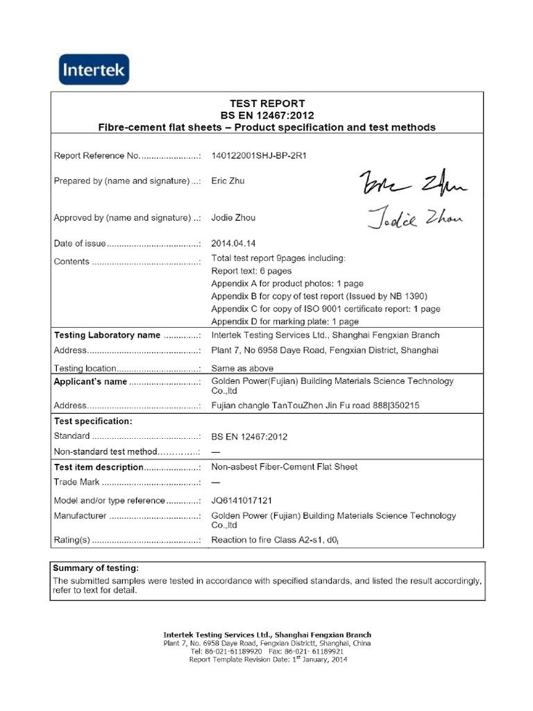 TEST REPORT BS en 12467 - 2012 Fibre-Cement Flat Sheets Product ...