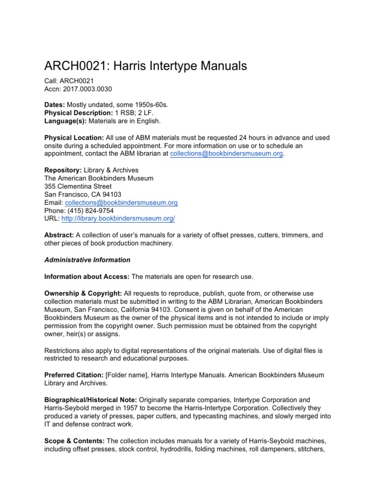 ARCH0021: Harris Intertype Manuals: Administrative Information | PDF ...