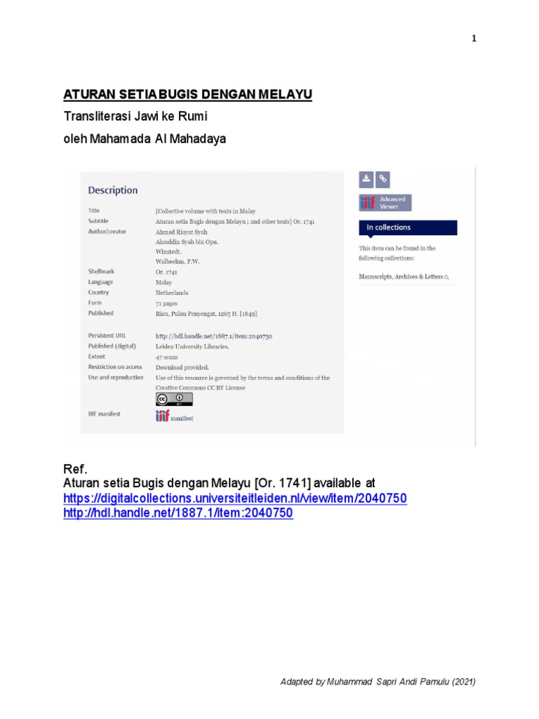Aturan Setia Bugis Dengan Melayu (Or. 1741) | PDF
