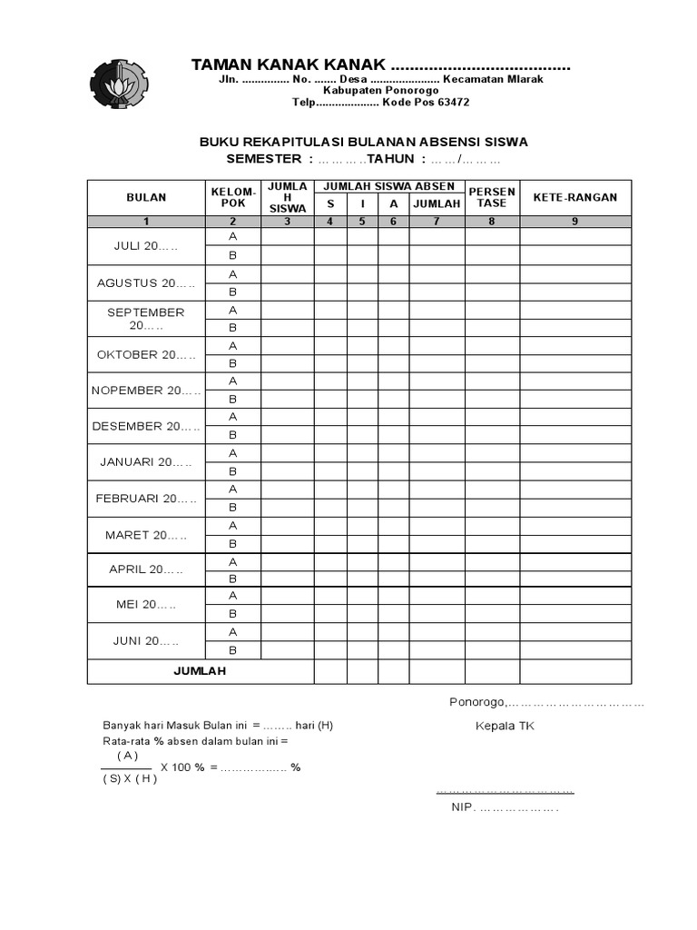 Rekap Absensi Bulanan Siswa TK | PDF