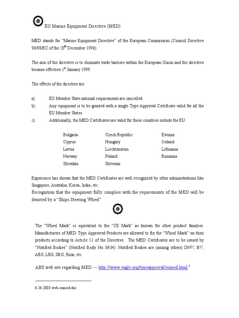 EU Marine Equipment Directive (MED) : 6.26.2003 Web-Eumed | PDF
