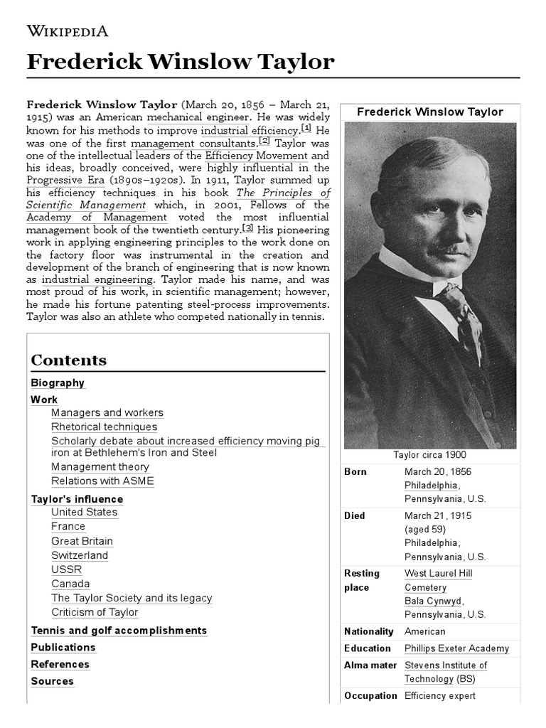 Frederick Winslow Taylor - Wikipedia | PDF | Business | Labour